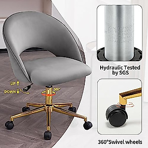 Furniliving Velvet Home Office Chair, Cute Desk Chair Swivel Armchair Upholstered Task Chair with Gold Metal Base, Vanity Chair Adjustable Computer Chair Makeup Chair for Living Room (LightGrey)