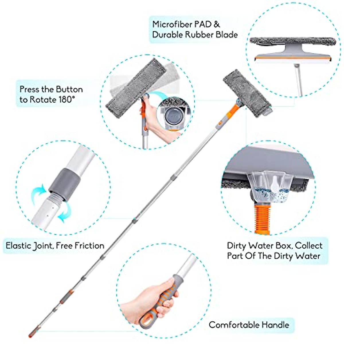 Clonynix 2 in 1 Squeegee for Window Cleaning with Extension Pole Detachable Cleaning Kit 94" Rotatable Washing Equipment Glass Cleaning Tools for Indoor/Outdoor