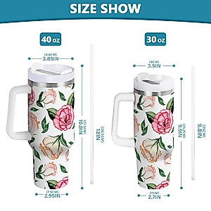 Adornlife Flower Pink Rose 30 oz Tumbler with Handle and Straw Lid, 100% Leak-proof Travel Coffee Mug, Stainless Steel Insulated Cup For Beverages, Cupholder Friendly