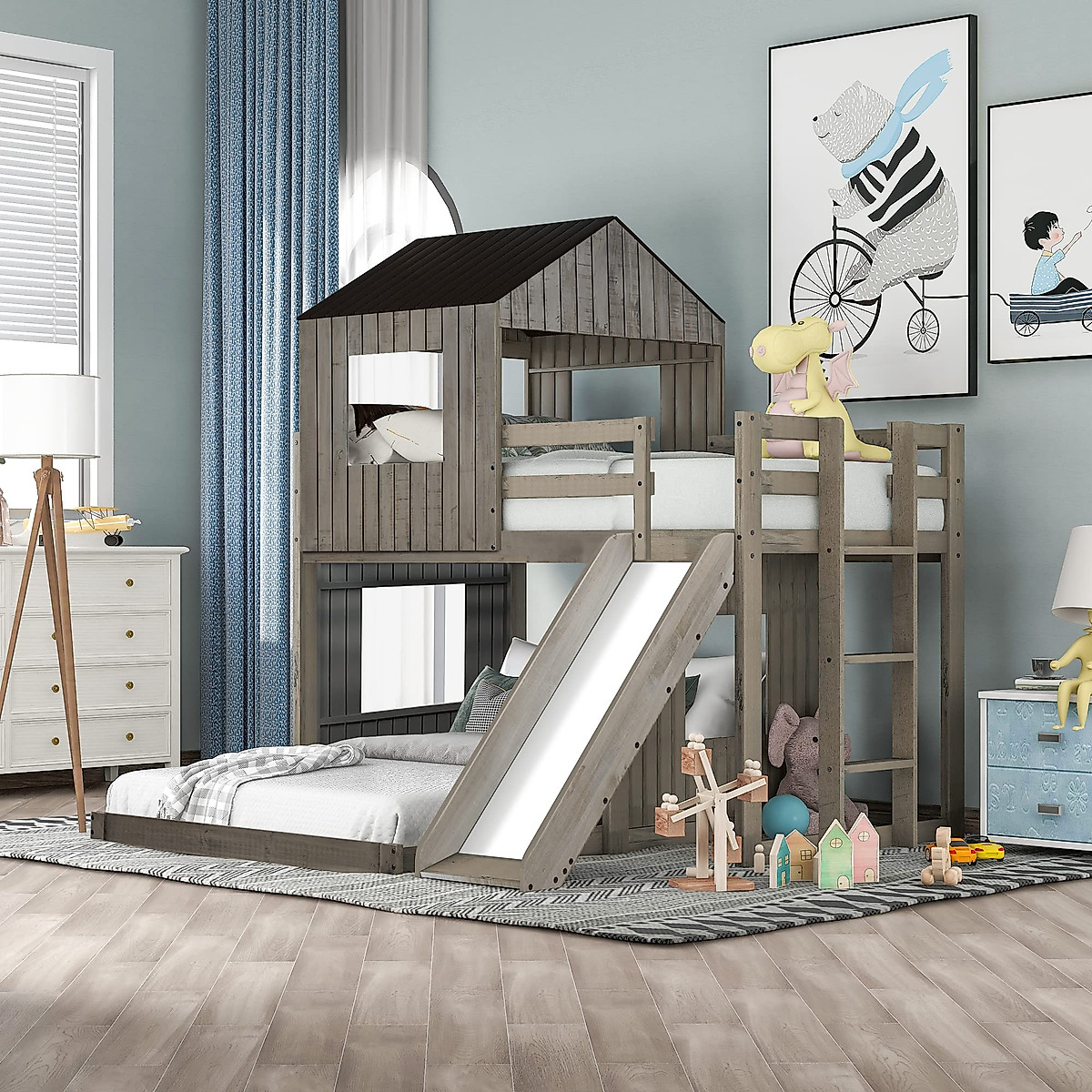 Harper & Bright Designs Twin Over Full Bunk Bed with Slide and Roof, Wood House Bunk Bed with Ladder and Guardrails, Playhouse Bed for Kids Teens Girls Boys – Antique Gray