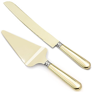 iooiluxry Wedding Cake Knife and Server Set, Cake Cutting Set for Wedding 402 Stainless Steel Blade and ABS Gold Plated Handle Cake Cutter & Pie Server Set for Birthdays, Anniversary, Parties