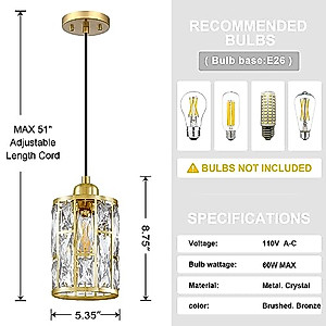 Dolaimi House 3 Pack 1 Light 5.4" Crystal Shade Hanging Kitchen Island Pendant Light Gold Finish,Modern Pendant Fixture with Crystal Metal Shade for Bar,Dining Room,Living Room Over Sink