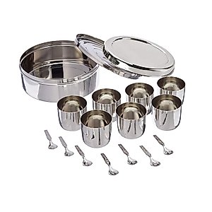 Shourya Trading Stainless Steel Spice Box with 7 Spice Containers and 7 Spoon and Double Lid, Size No. 12