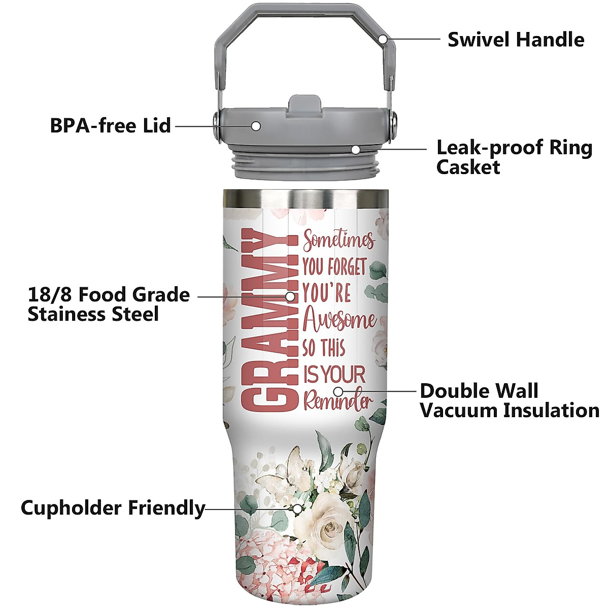 ysnifeiw 30oz Grandma Tumbler with Handle and Straw, Stainless Steel Insulated Nana Cup with Top Handle and Lid, Grandma Coofee Mug Christmas Birthday Gifts for Grammy/Gigi/Mimi