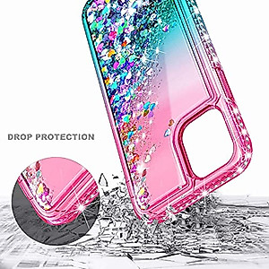 NGB Compatible with iPhone 11 Case with Tempered Glass Screen Protector, Ring Holder/Wrist Strap, Girls Women Liquid Bling Sparkle Floating Glitter Cute Phone Case (Pink/Aqua)
