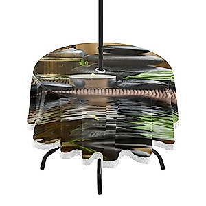 Kigai Zen Basalt Stones on Wood 60 Inch Round Tablecloth with Zipper Umbrella Hole Washable Spillproof Table Cloth Decorative for Picnic,Camping,Indoor and Outdoor