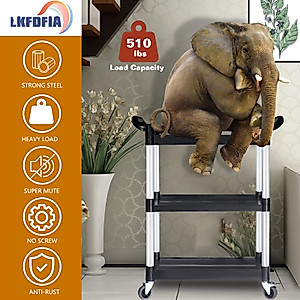 LKFDFIA Utility Carts with Wheels 3-Tier Rolling Cart 500lbs Capacity Plastic Food Cart Heavy Duty Service Cart with Lockable Wheels and Rubber Hammer for Kitchen/Office/Warehouse