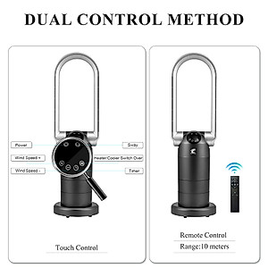 OceanLoong Bladeless Fan & Space Heater in One, Tower Fan for Bedroom Home,1500W Electric Heater with Adjustable Thermostat, Tip-Over Switch, Remote, Timer, Oscillating Table Fan, 29inch (Grey)