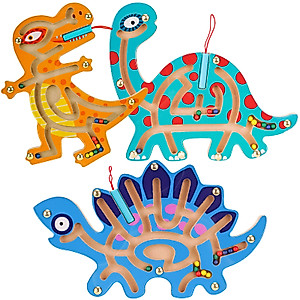 NiToy 3-Pack Wooden Magnetic Maze Toys for Kids 3+, Dinosaur Interactive Puzzle Game Boards Montessori Labyrinth STEM Activity Child Fine Motor Skill Development Preschool Birthday Gifts (3 Dinosaurs)
