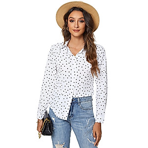 Atnlewhi Women Basic Long Sleeve Button Down Shirts Simple Pullover, Polka Dot/White, M