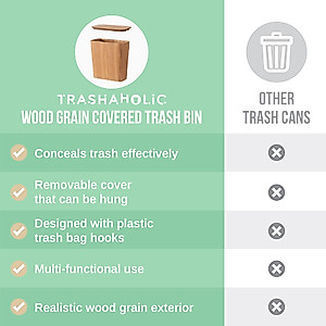 Light Wood Grain Indoor Trash Can w/Removable Cover - 3.4-Gallon Modern Waste Bin for Office, Bedroom, Bathroom - Slim Garbage Basket with Plastic Trash Bag Holder - Covered Diaper Trash Can