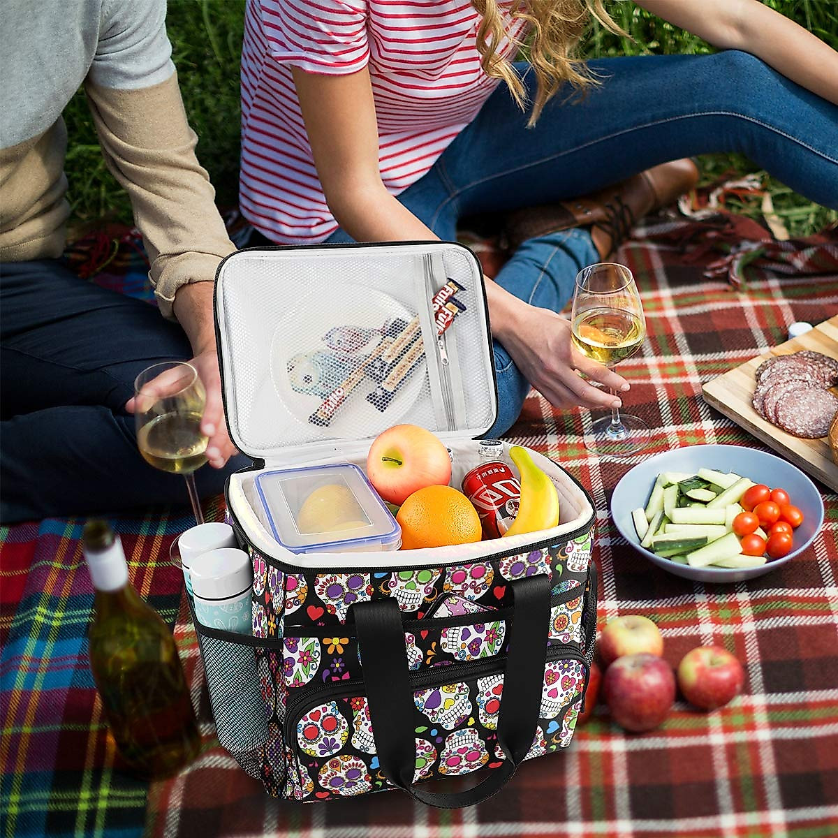 Baofu Large Skull Picnic Lunch Bag Insulated Reusable Tote Bag Freezable Portable Leakproof Lunch Box Waterproof Cooler Premium Basket For Picnic Travel Camping