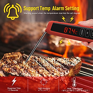 Digital Instant Read Meat Thermometer for Kitchen, Waterproof & Ultra Fast Thermometer with Backlight & Foldable Probe for Outdoor Cooking, Deep Fry, Grilling, BBQ, Gift (Red)