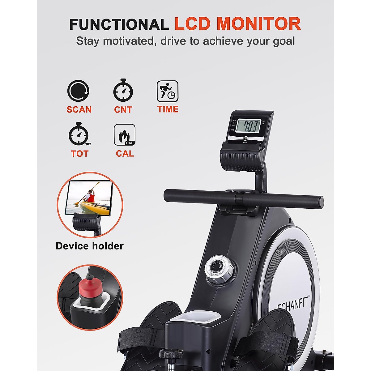 ECHANFIT Magnetic Rowing Machine for Home use，Foldable Rower Whit 350 LB Weight Capacity 16 Levels，Rower Machine Whit Adjustable Resistance LCD Monitor and Tablet Holder