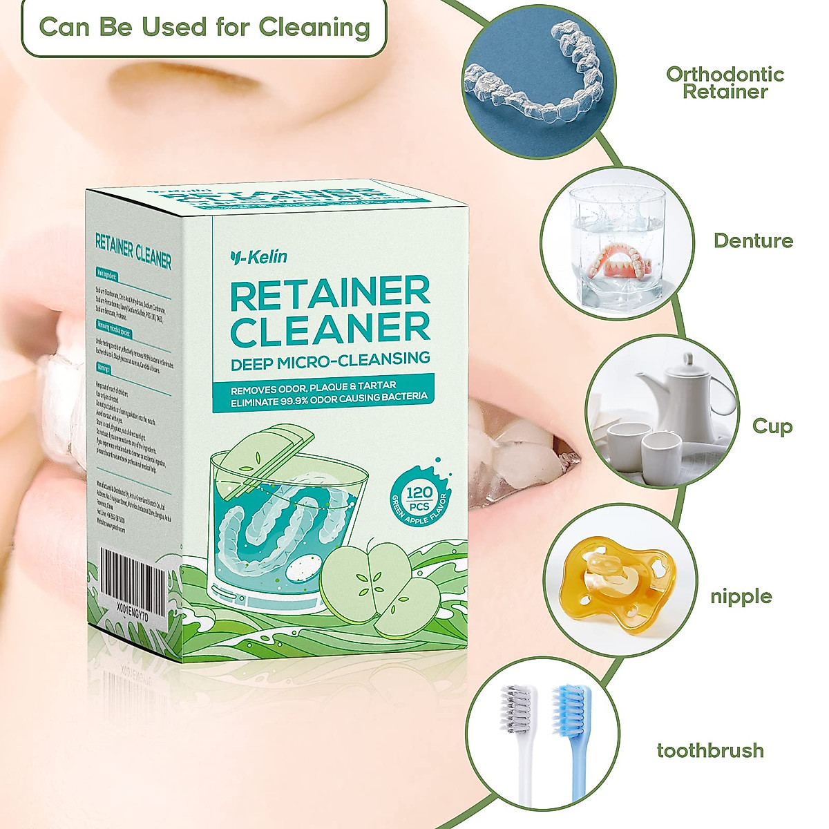 Y-Kelin Retainer and Denture Cleaner 120 Tablets for 4 Months Removes Stains Plaque Odors for Dentures Retainers Mouth Guard and Removable Dental Appliances (Apple, 120 PCS)