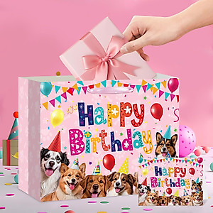 Dog Birthday Gift Bag Pink Puppy Gift Bags with Tissue Paper and Greeting Card Paw Print Wrapping Paper Large Dog Goodies Bags for Pet Dog Birthday Christmas Party and Dog Lovers Birthday Decorations