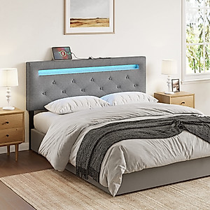 HAUSOURCE Headboards for Queen Size Bed with LED Light & USB Post Upholstered Queen Headboard with Adjustable Height Linen Fabric Padded Headboard for Queen Size Bed Mordern Head Board for Bedroom