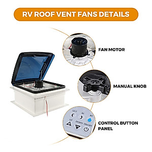 PARTOL Roof Vent for RV Fan 14”12V Automatic RV Roof Vent Fan Camper Motorhome Fan with Rain Sensor and Remote Controller, Two-Way Ventilation 3 Speed Reversible Airflow, Smoke Dome RV Vent Cover