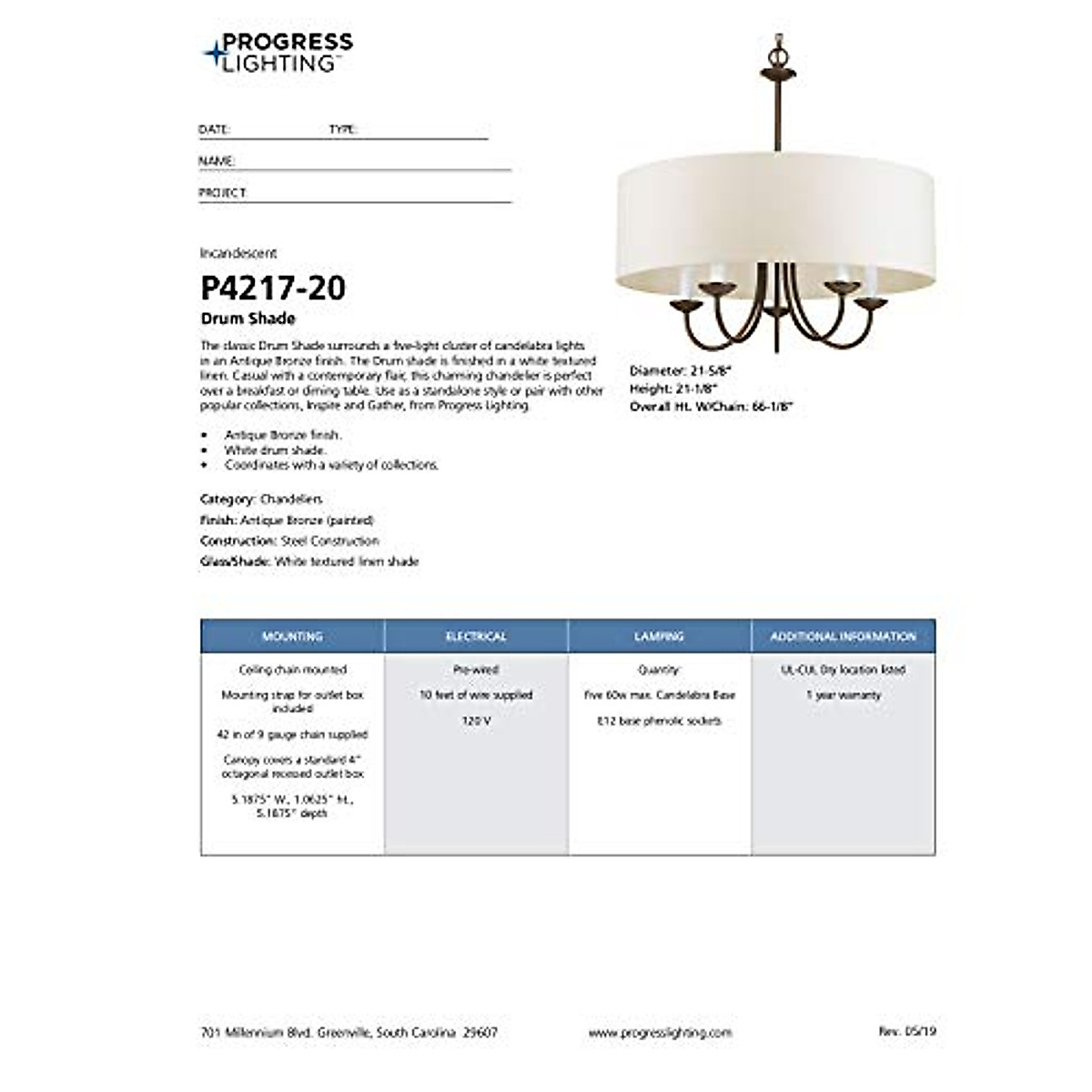 Drum Shade Collection 5-Light White Textured Linen Shade Farmhouse Chandelier Light Antique Bronze