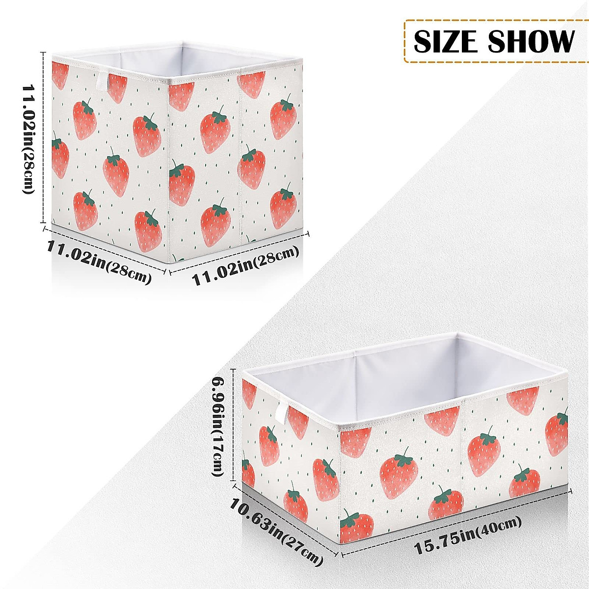Vnurnrn Kawaii Strawberry Cube Storage Bins, Collapsible Storage Box with Support Board, Foldable Fabric Baskets for Shelf Closet Cabinet 11.02×11.02×11.02 in