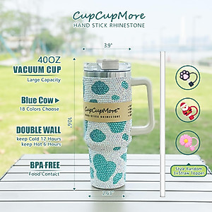Cupcupmore 40oz Blue Cow Bling Rhinestone Stainless Steel Sippy Tumbler Glitter Vacuum Insulated Water Bottle with Straw & Lid & Handle,Thermos for Hot & Cold Drinks,Car Cup Holder