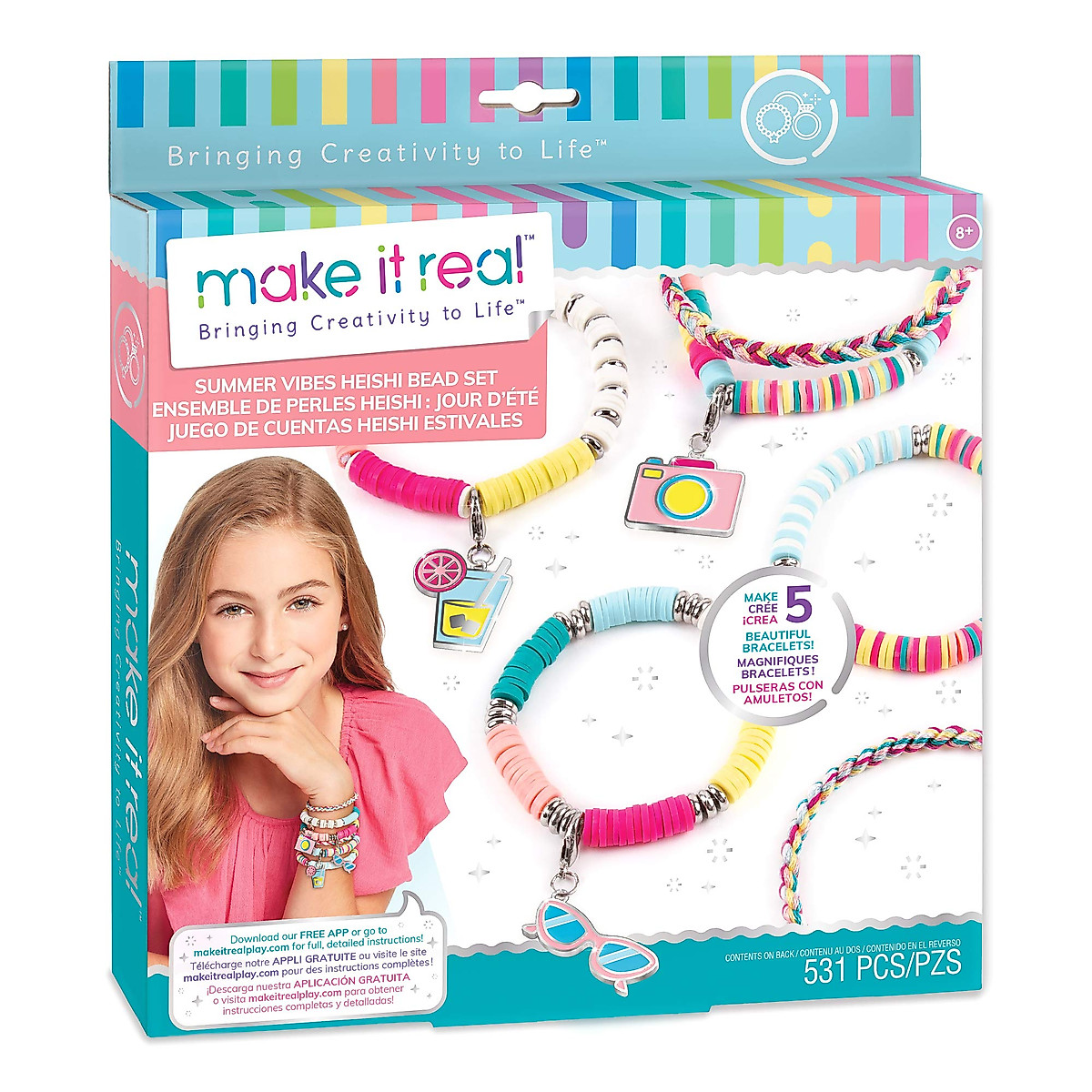 Make It Real - Summer Vibes Heishi Bead Bracelets - DIY Charm Bracelet Making Kit with Case - Friendship Bracelet Kit with Beads, Charms & Thread - Arts & Crafts Bead Kit for Girls - Makes 5 Bracelets