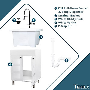 White Utility Sink in White Vanity, Matte Black Pull-Down Coil Faucet, Soap Dispenser and Spacious Cabinet by JS Jackson Supplies for Garage, Basement, Shop and Laundry Room