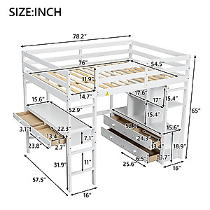 Full Loft Bed with Desk and Storage Cabinet, Wood Full Size Loft Beds Frame with Bookcase and Shelves, Modern Full Loft Bed for Kids Teens Adults Boys Girls (Loft Bed Full Size, White)