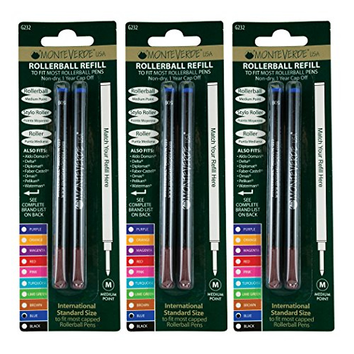 Monteverde Ceramic Rollerball Refill for Capped Rollerball Pens, Blue, 6 Pack (G233BU)