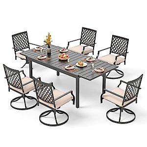 PHI VILLA Patio Dining Set 7 Pcs 1 Extendable Dining Table and 6 Swivel Chairs Support 300 lbs for Outdoor Backyard Bistro Furniture Set with Cushion