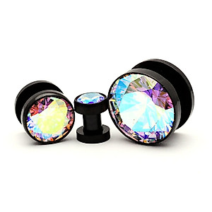 Mystic Metals Body Jewelry 316L Black Stainless Steel Screw on Plugs with Single Press Fit Multicolored CZ gauges (PS-126) - Sold as a pair (00g (10mm))