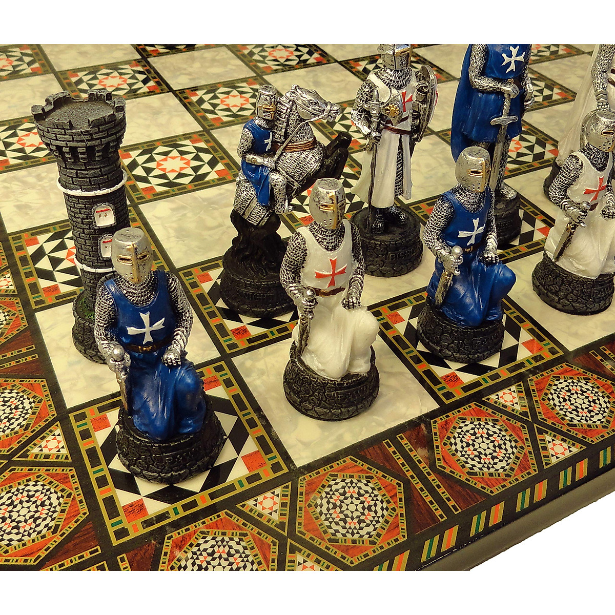 Medieval Times Crusades Warrior Chess Set Blue & White Maltese Cross with 16 1/2" Mossaic Color Board