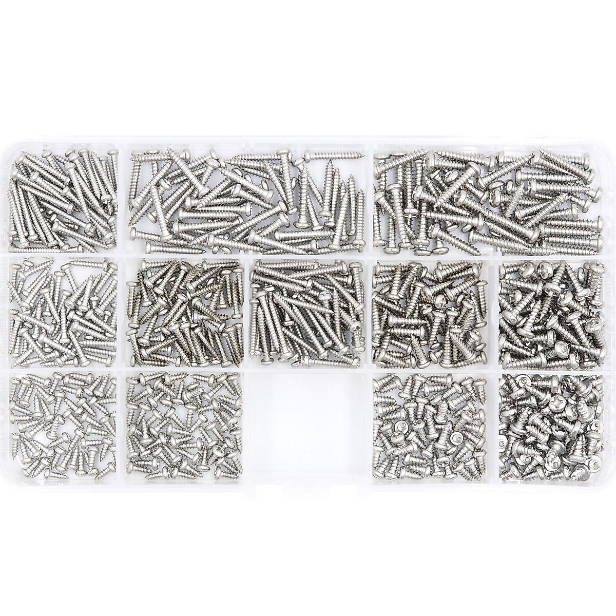 LBY 600pcs M2 M2.2 M2.6 M3 Pan Head Self-Tapping Sheetmetal Screw Assortment Kit, 12 Sizes, 304 Stainless Steel