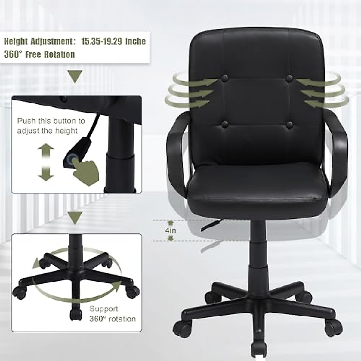 VECELO Executive Office Adjustable Height Casual Desk Chair with Armrests PU Leather Mid-Back 360 Degree Swivel with Wheels, Suit for Study, Work, Makeup, Leisure, Black, Set of 1