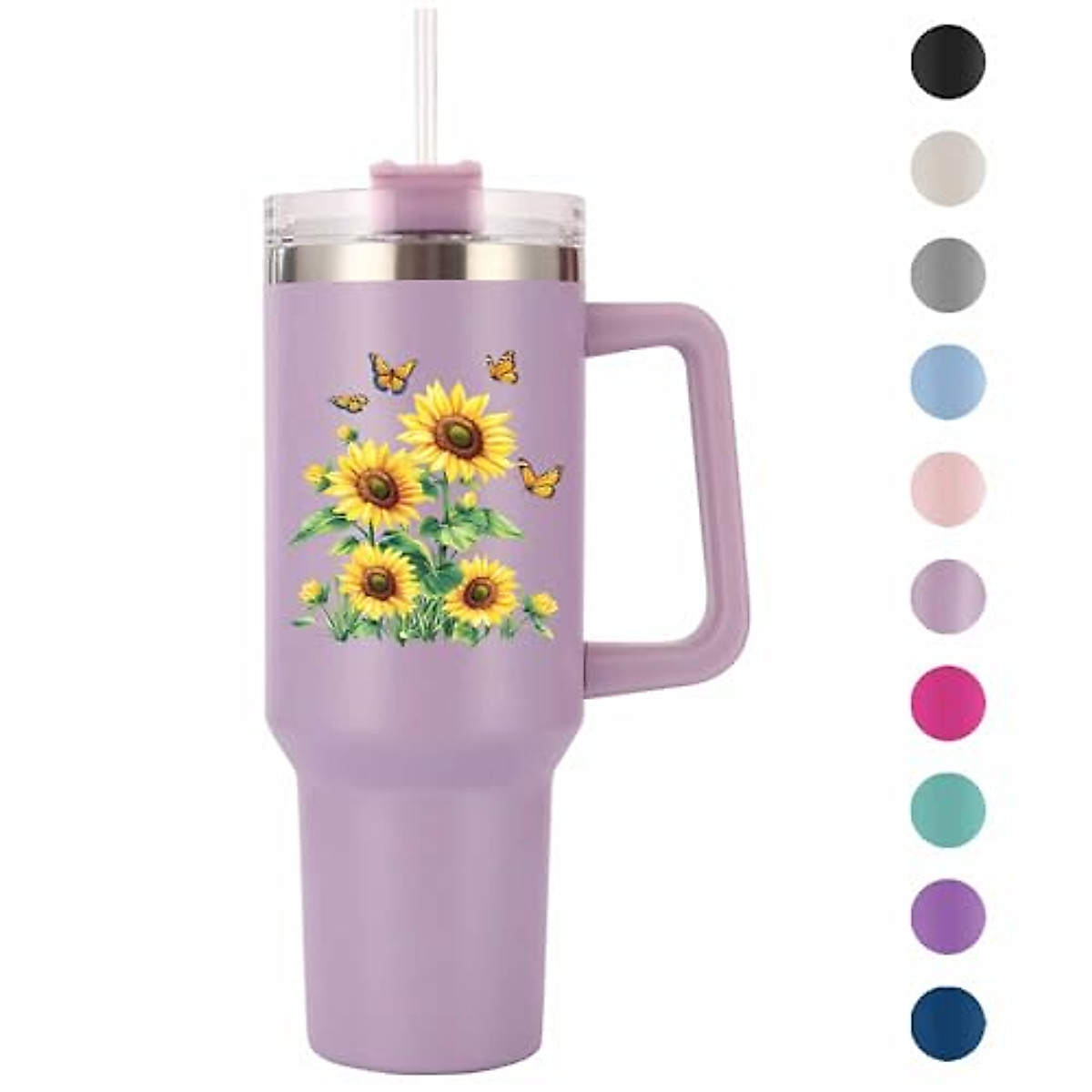 LB LEOBON 40 ounce insulated cup with handle, double-layer vacuum stainless steel material, equipped with straw, can keep warm or maintain cold drinks Spring Sunflower Butterfly Fragrant taro purple