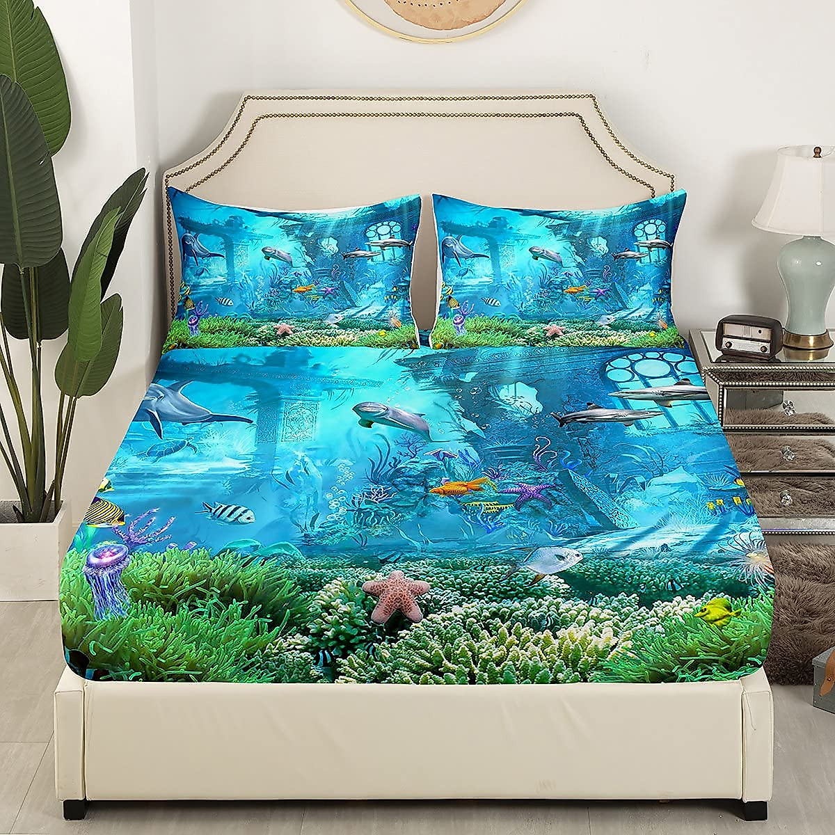 Erosebridal 3D Underwater World Bed Sheets Beach Fish Sea Blue Sheet Set Queen Size, Shark Dolphin Fitted Sheet for Kids Child, Jellyfish Starfish Bedding Set Tropical Sealife Bedroom Decor