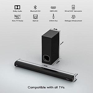 PHEANOO Sound Bar Compatible with Dolby Audio, Roku TV Ready, Sound Bars for TV with Subwoofer, Bluetooth 5.0/HDMI ARC/Optical/AUX/RCA Connection