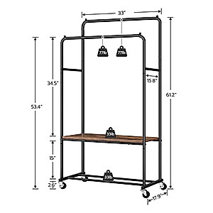 HOOBRO Garment Rack, Rolling Clothing Rack with Shelf, Heavy Duty Double Rods Clothes Rack on Wheels, Hanging Rack for Clothes, Shoes,Storage Display, BF22LY01