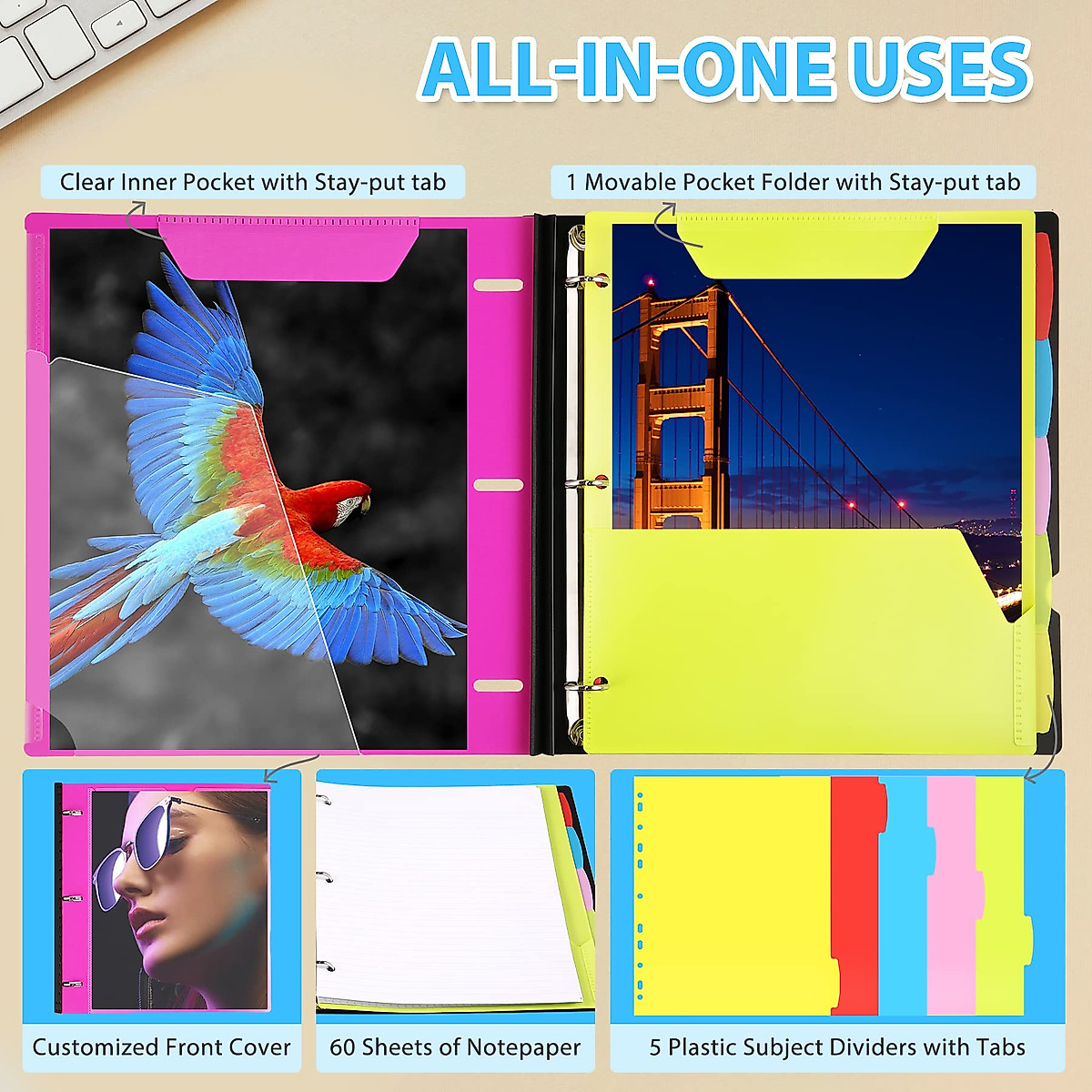 WOT I All-in-one Telescoping Binder Notebook, Refillable 3 Ring Binder with Customized Front Cover+Catalog Back Pocket+5 Subject Dividers+Movable Pocket Folder+60 Sheets Notepaper, Pink
