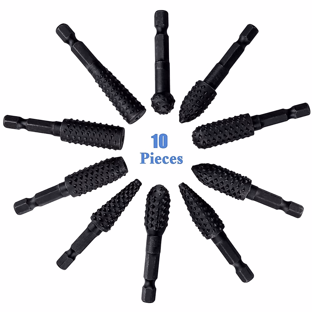 Mesee 10 Pieces Rotary Burr Rasp Set, 1/4 Inch Hex Shank Quick Change Wood Carving Drill Bits Carbon Steel File Rasp DIY Woodworking Tool for Wood Plastic Engraving Polishing Grinding