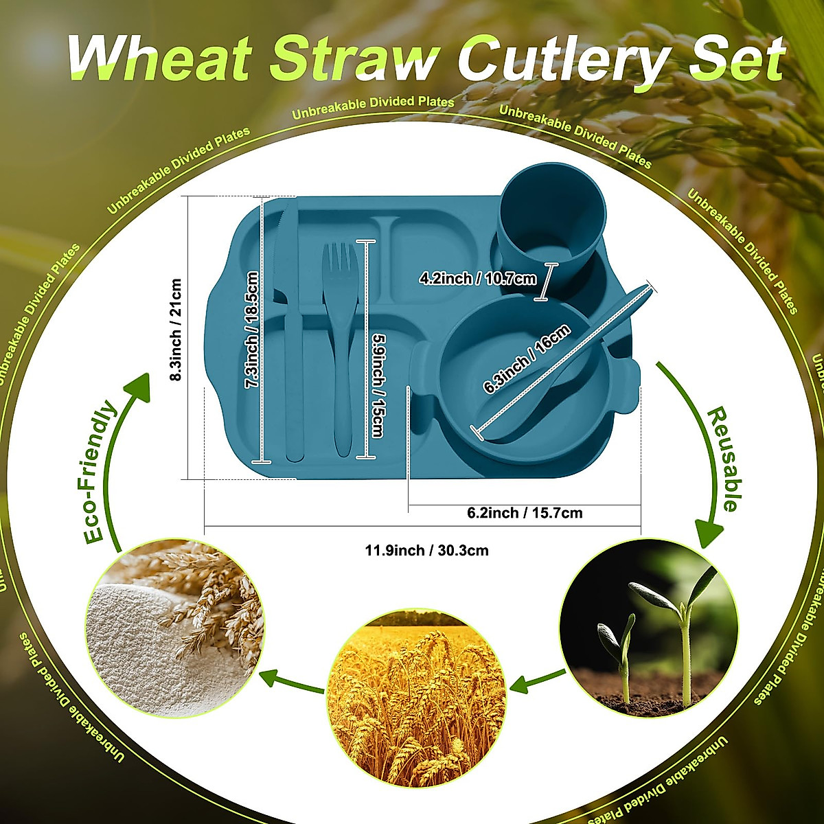 Honoson 24 Pcs Wheat Straw Dinnerware Cutlery Set Including Divided Plates Microwave Dishwasher Safe Bowl Unbreakable Tableware Straw Cutlery Spoon Knife Fork Cup(Bright Color)