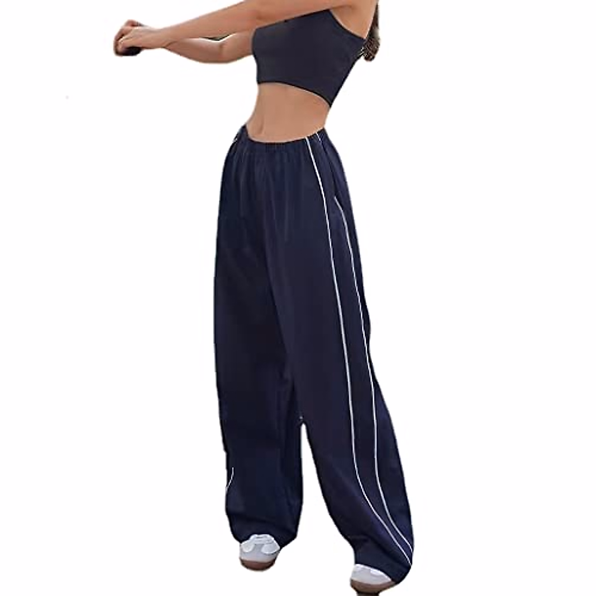 MANGMAO Womens Y2k Track Pants Y2k Clothing Parachute Pants High Waisted Cargo Pants with Pockets Trendy Baggy Sweatpants (Navy,S,Small)