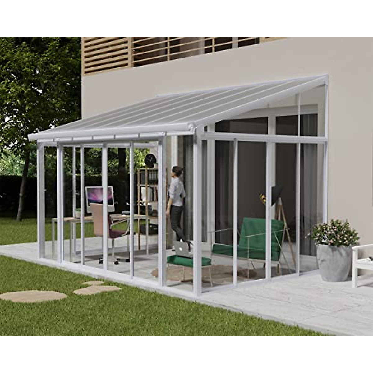Palram - Canopia Sanremo 10x14 Enclosed Patio Cover with Screen Doors, White DIY Sunroom Kit Lean to Gazebo with Walls to Cover Patio Furniture, Deck, & Porch, UV Protected Polycarbonate Shelter
