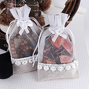 SumDirect Rose Drawstring Burlap Bags - 20pcs Lace Jute Organza Favor Gift Bags, sheer linen favor bags for Wedding