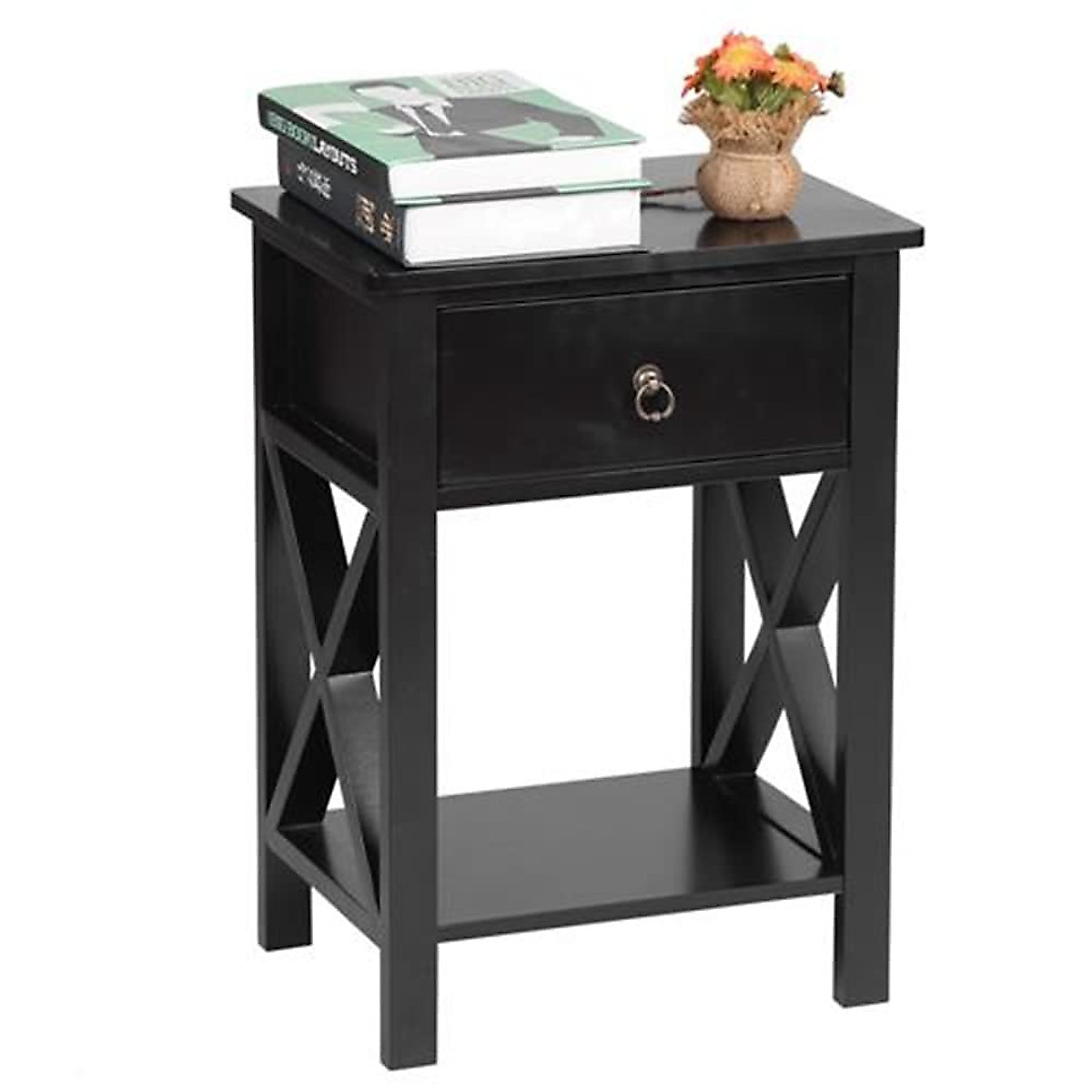 Black Side Table, End Table with 1 Drawer, 1 Open Shelf End Table Storage Shelf, Side Table Modern Nightstand, Sofa Beside Table for Living Room, Foyer, Bedroom (40 x 30 x 55) cm (L x W x H)