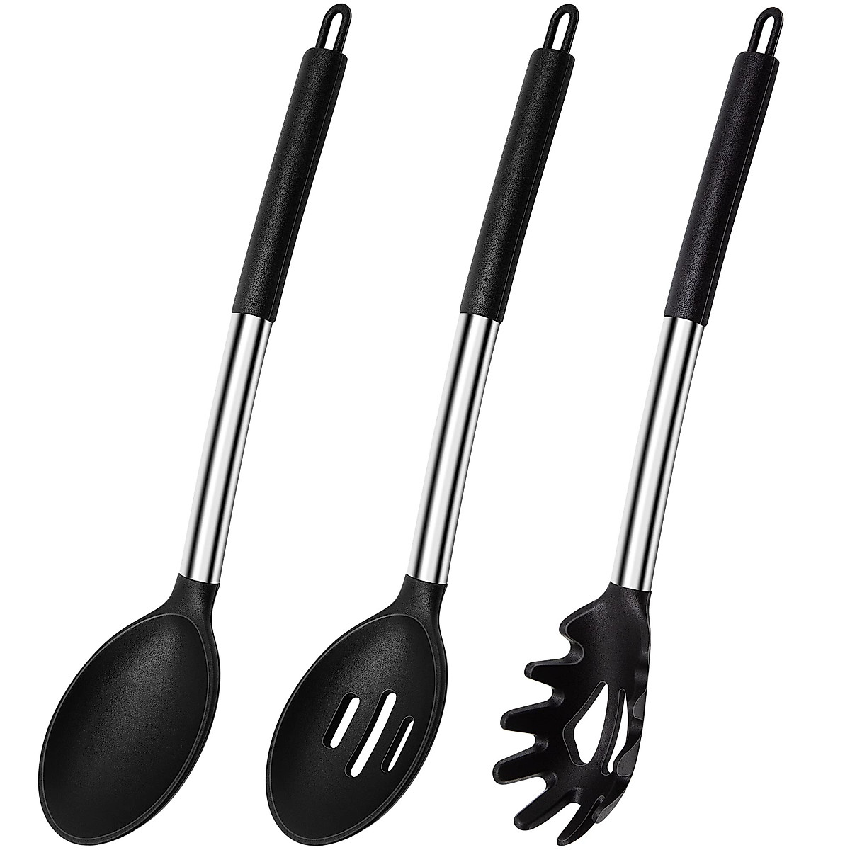 Silicone Cooking Spoons, Large Heat Resistant Silicone Pasta Slotted Spoon Solid Spoon for Nonstick Cookware, BPA Free Black Silicone Kitchen Spoons Dishwasher Safe for Cooking Mixing Serving, 3 Pack