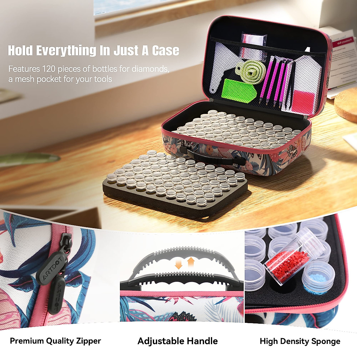 ARTDOT 120 Slots Storage Container for Diamond Art Kits for Adults,Portable Bead Storage Boxes for Diamond Painting Accessories and Tools(Pink)