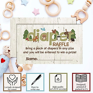Woodland Forest Animals Diaper Raffle Tickets for Baby Showers, 20 2" X 3” Double Sided Insert Game Cards, Bring a Pack of Diapers to Win Favors & Prizes!