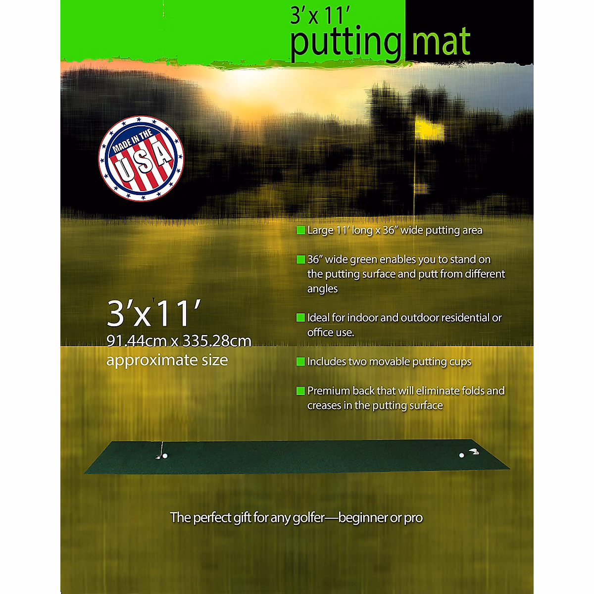 Putt-A-Bout Golf Putting Mat, 3 x 11-Feet, Green