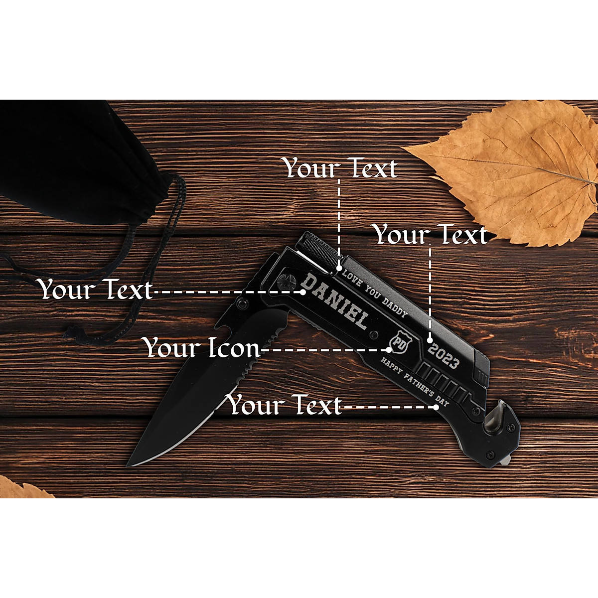 Home and Plan Personalized Engraved Pocket Knife for Dad, Black - Custom Pocket Knives as Father's Day Gift for Dad with Velvet Pouch